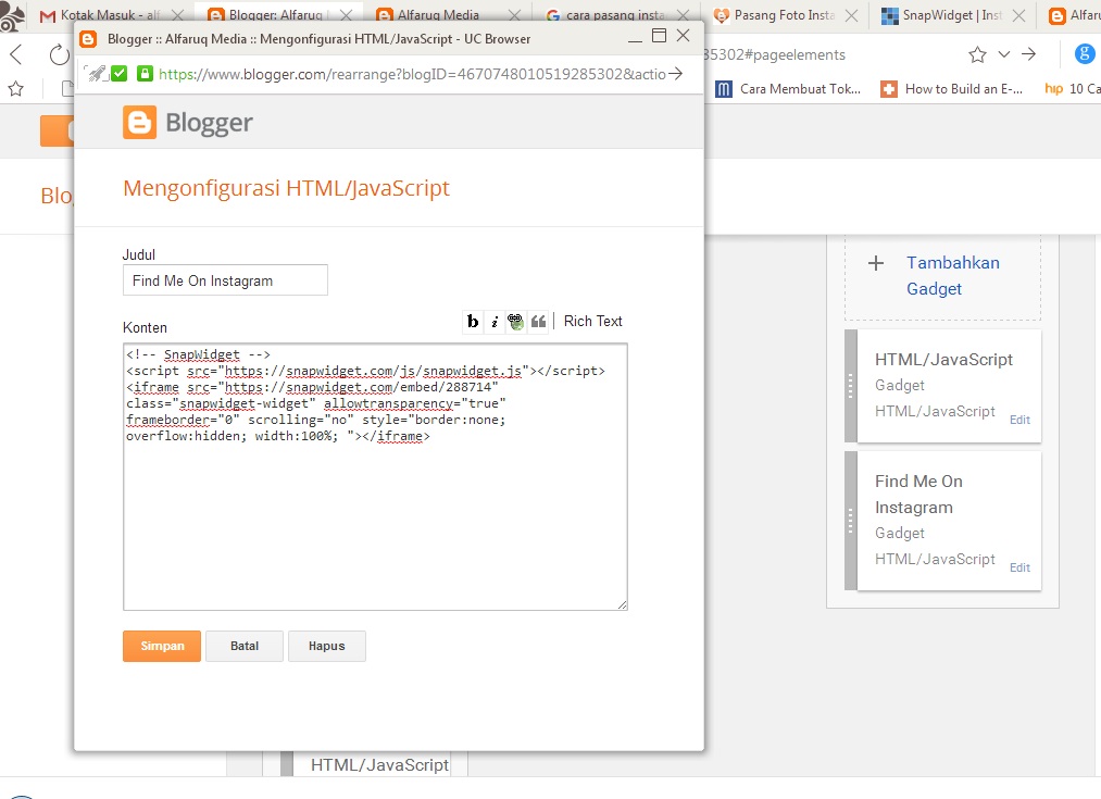 Cara Memasang Widget Instagram di Blogger | Alfaruq's Blog