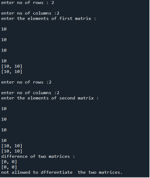 Python Matrix Subtraction| Implementation of matrix subtraction in python