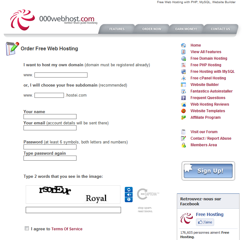 Hébergement Web Gratuit: Inscription gratuite à 000Webhost