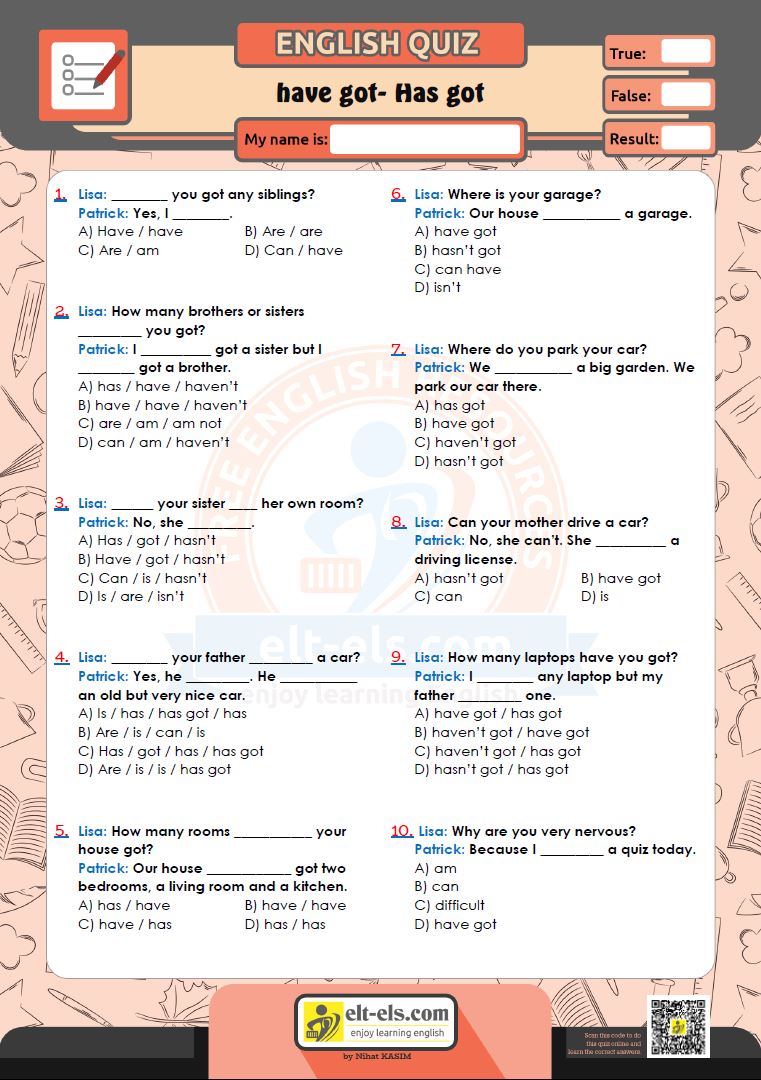 Have got has got multiple choice test | www.elt-els.com