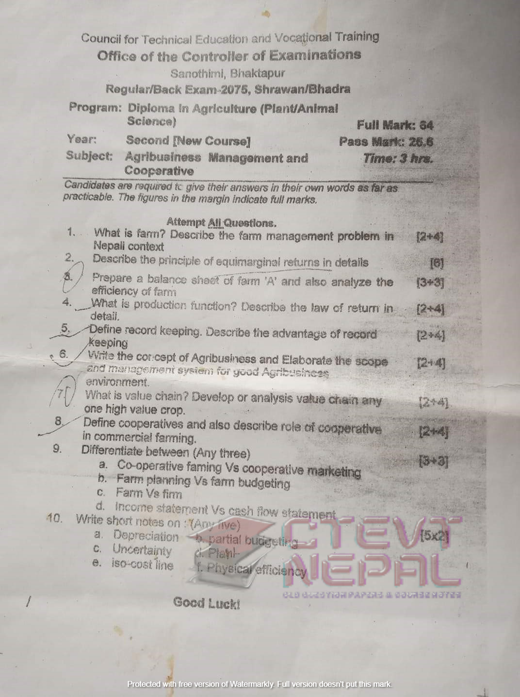 Agribusiness Management And Cooperative 2nd Year Question Papers Ctevt Diploma In