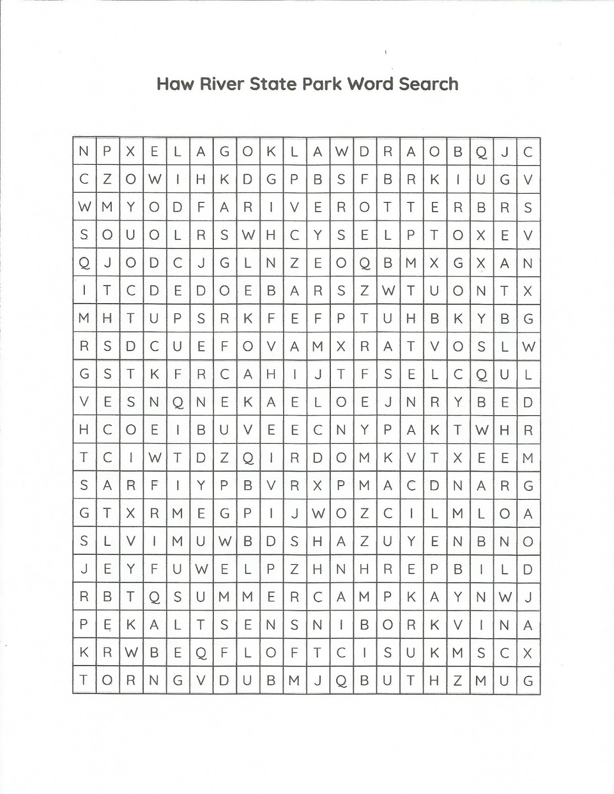 Student Survive 2 Thrive: Haw River State Park Word Search