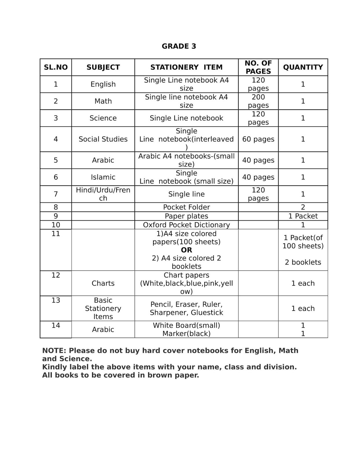 Stationery List For Grade 3 WORLD SCHOOL OMAN Stationery List For Grade 3 WORLD SCHOOL OMAN