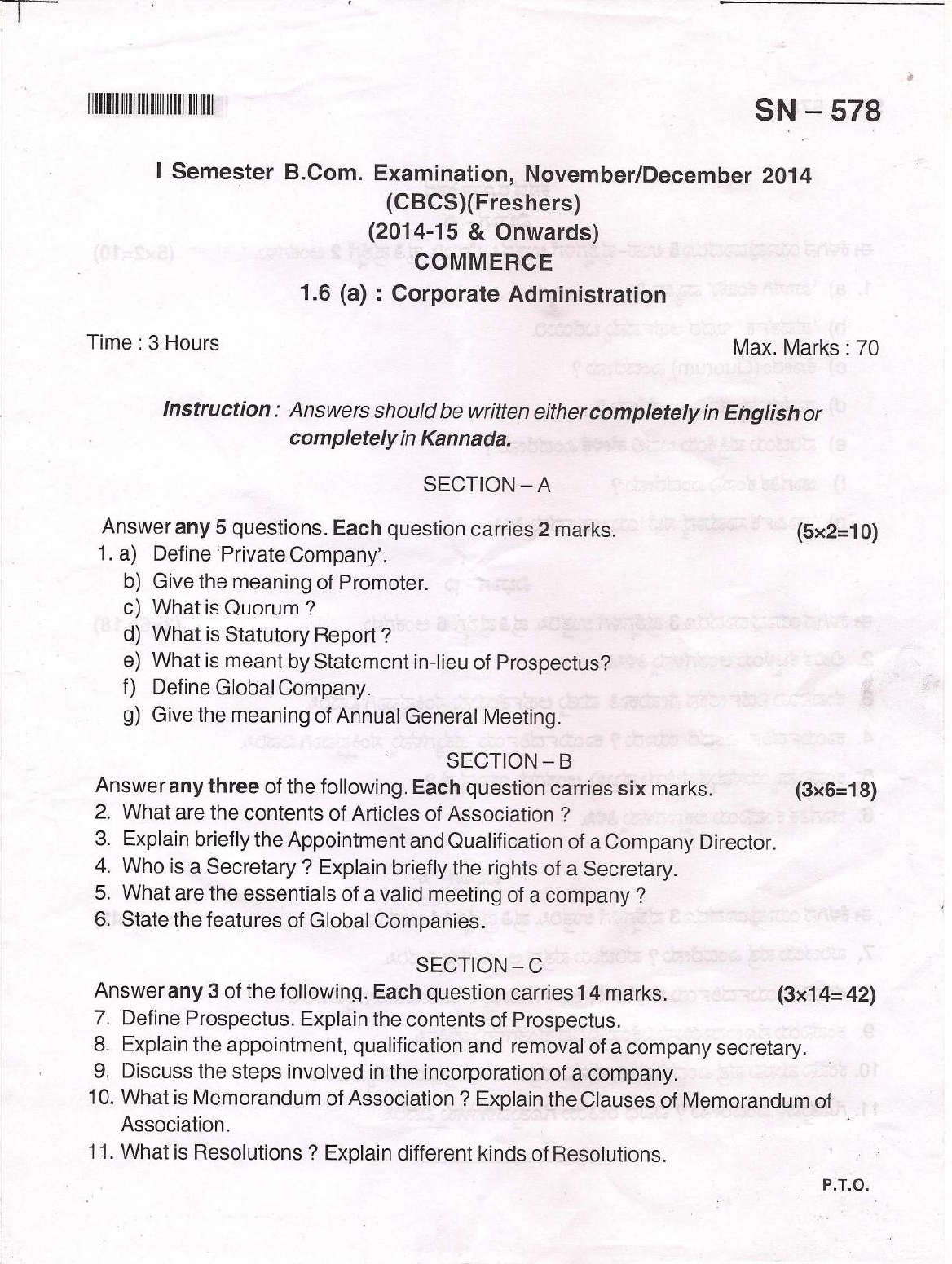 Bangalore University B.com.COMMERCE 1.6 (a) : CORPORATE ADMINISTRATION ...