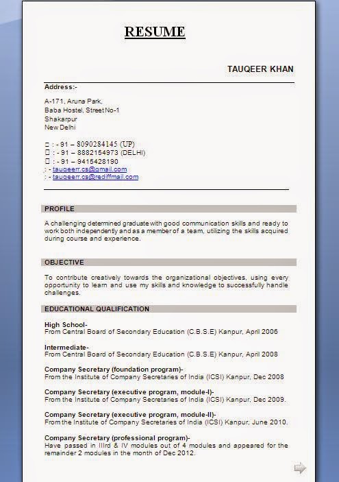 Resume Format Company Secretary Freshers