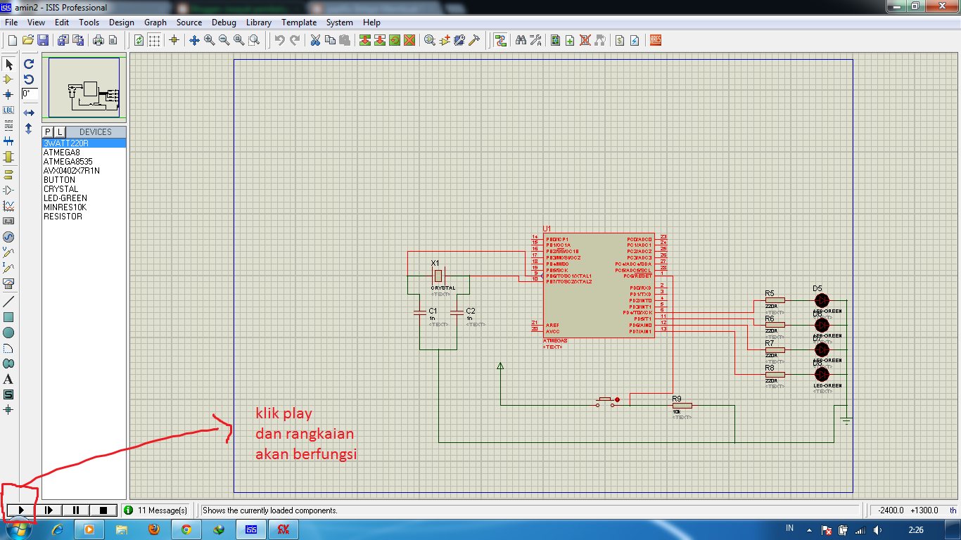 Simulasi Lampu LED dengan Menggunakan ATMEGA8 di Proteus
