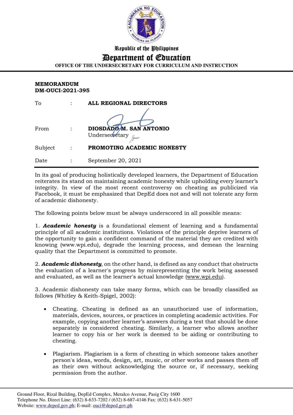 DEPED MEMO PROMOTING ACADEMIC HONESTY | DOWNLOAD THE MEMORANDUM HERE ...