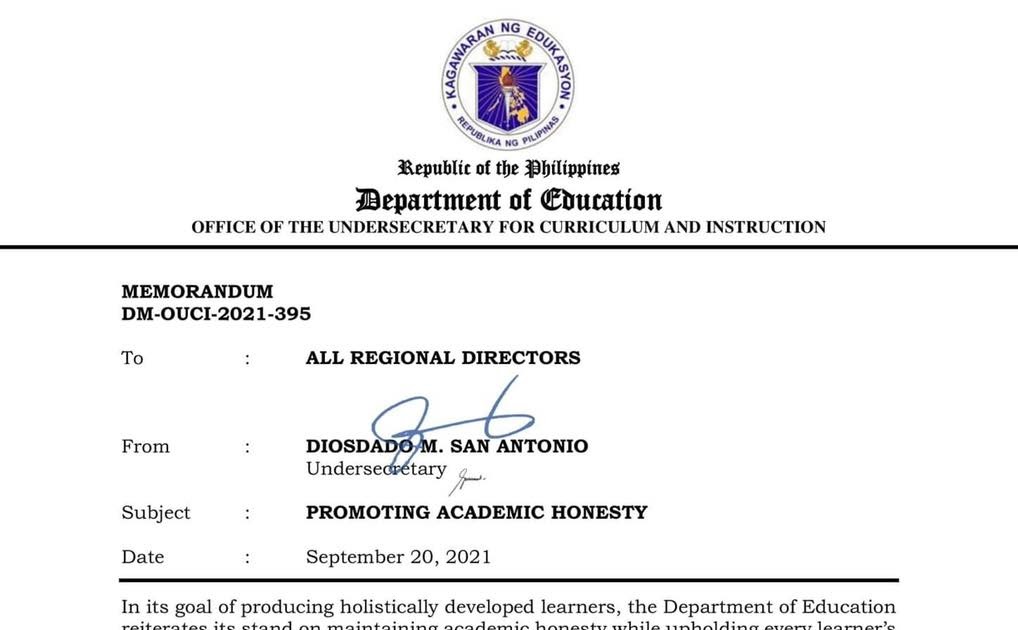 DEPED MEMO PROMOTING ACADEMIC HONESTY | DOWNLOAD THE MEMORANDUM HERE ...