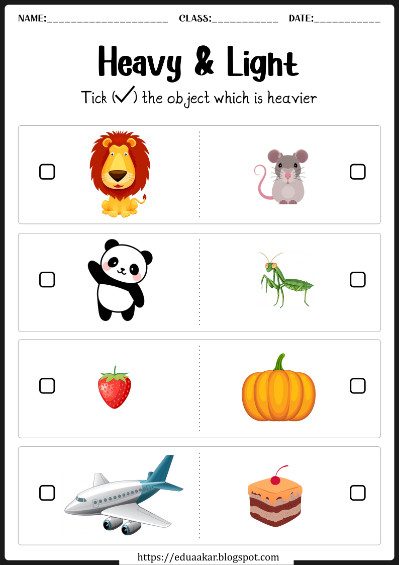 Heavy and Light worksheets for Preschool and Kindergarten kids