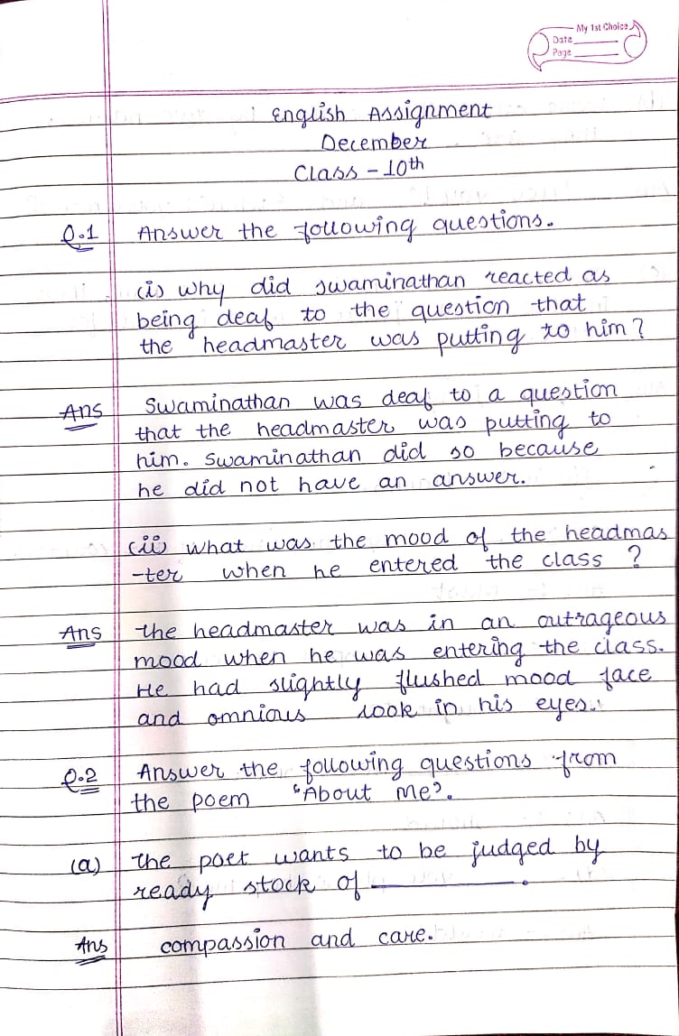 ENGLISH 10TH DECEMBER ASSIGNMENT ANSWERS CGBSE 2020-21 - CGBSE SUPPORT