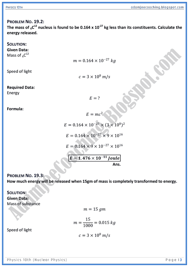Adamjee Coaching: Nuclear Physics - Solved Numericals - Physics 10th