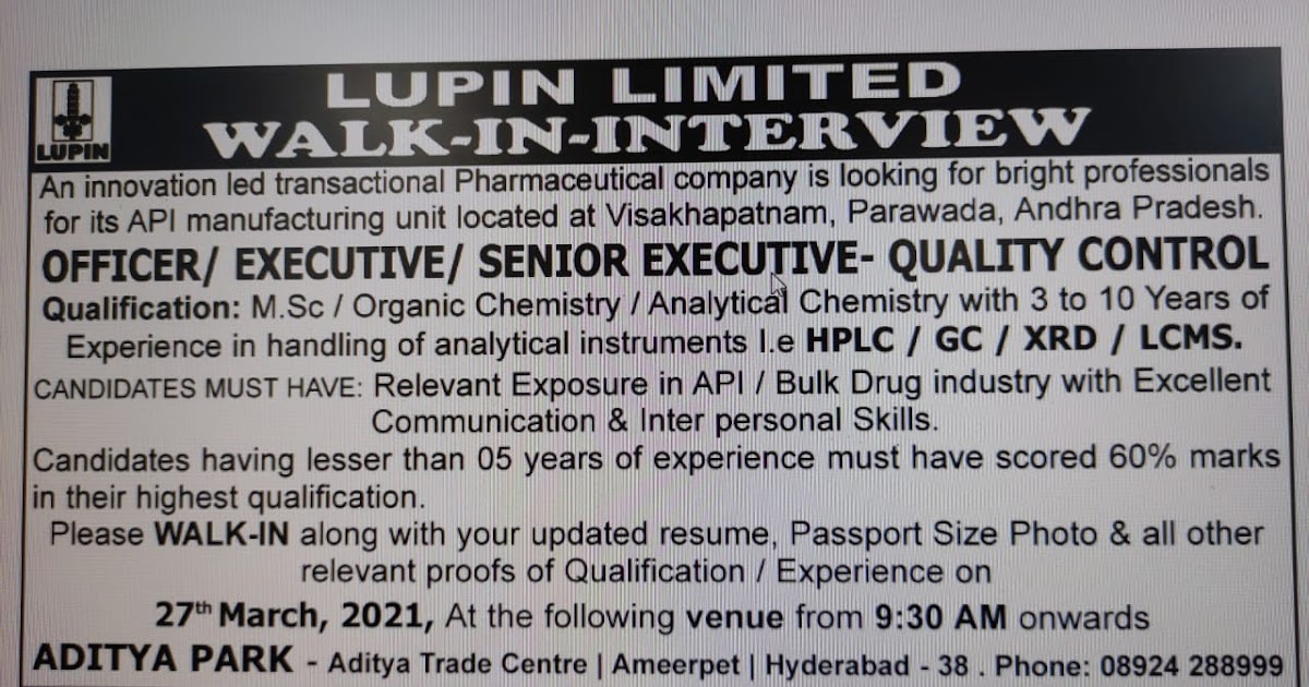 JOB ALERTS HUB: LUPIN LTD - Walk-In Interview on 27th March 2021 for ...