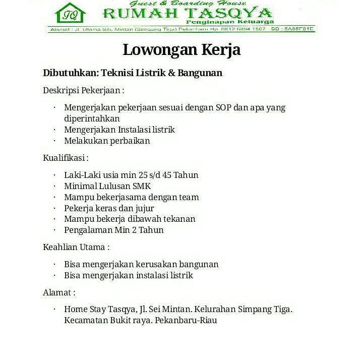Lowongan Kerja Teknisi Listrik & Bangunan di Home Stay Tasqya - Karir Riau
