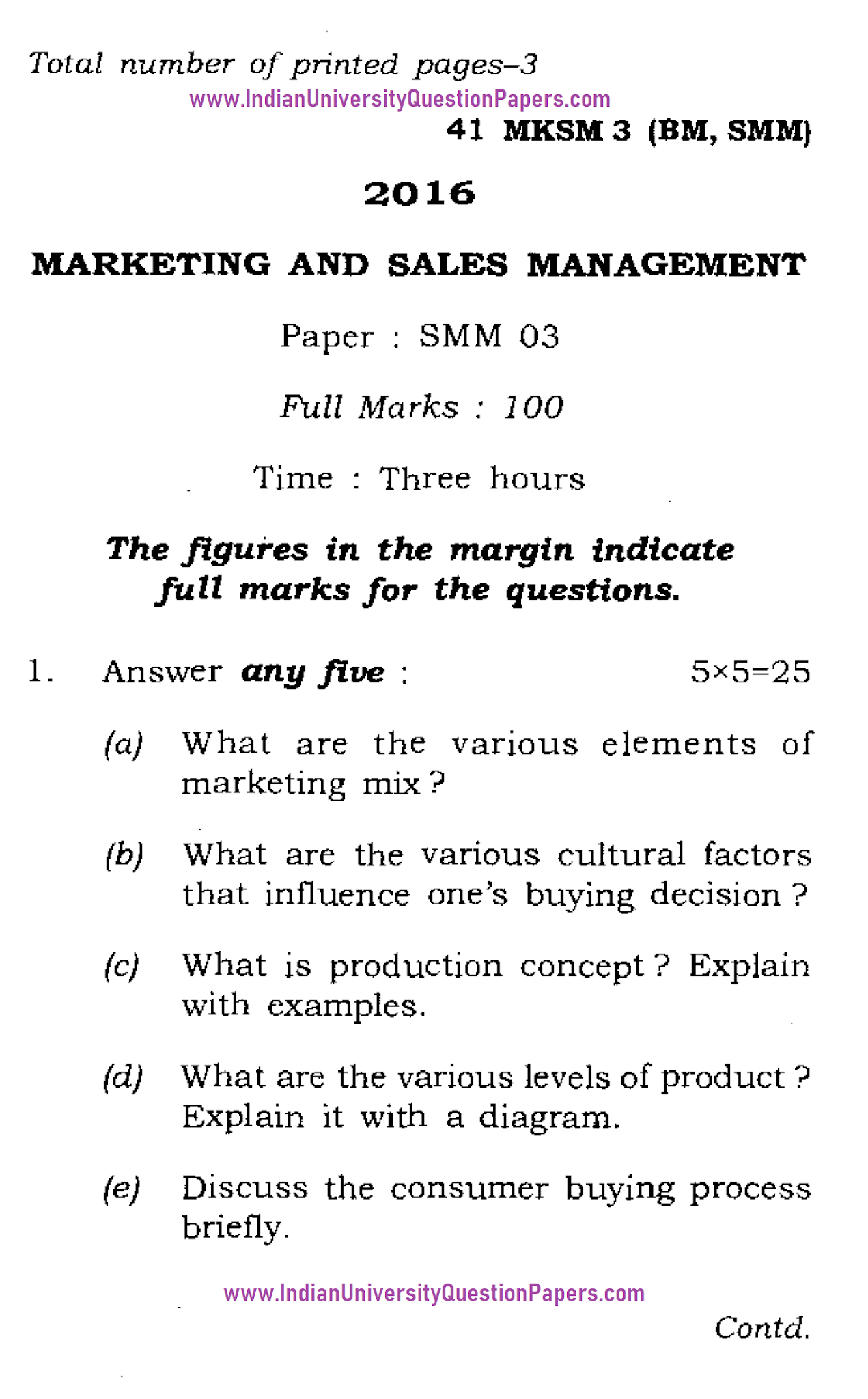 Gauhati University MBA Marketing and Sales Management 2016 Question ...