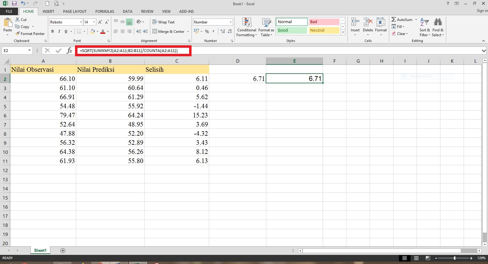 Cara Menghitung Root Mean Squared Error (RMSE) dengan Excel aindhae.com ...