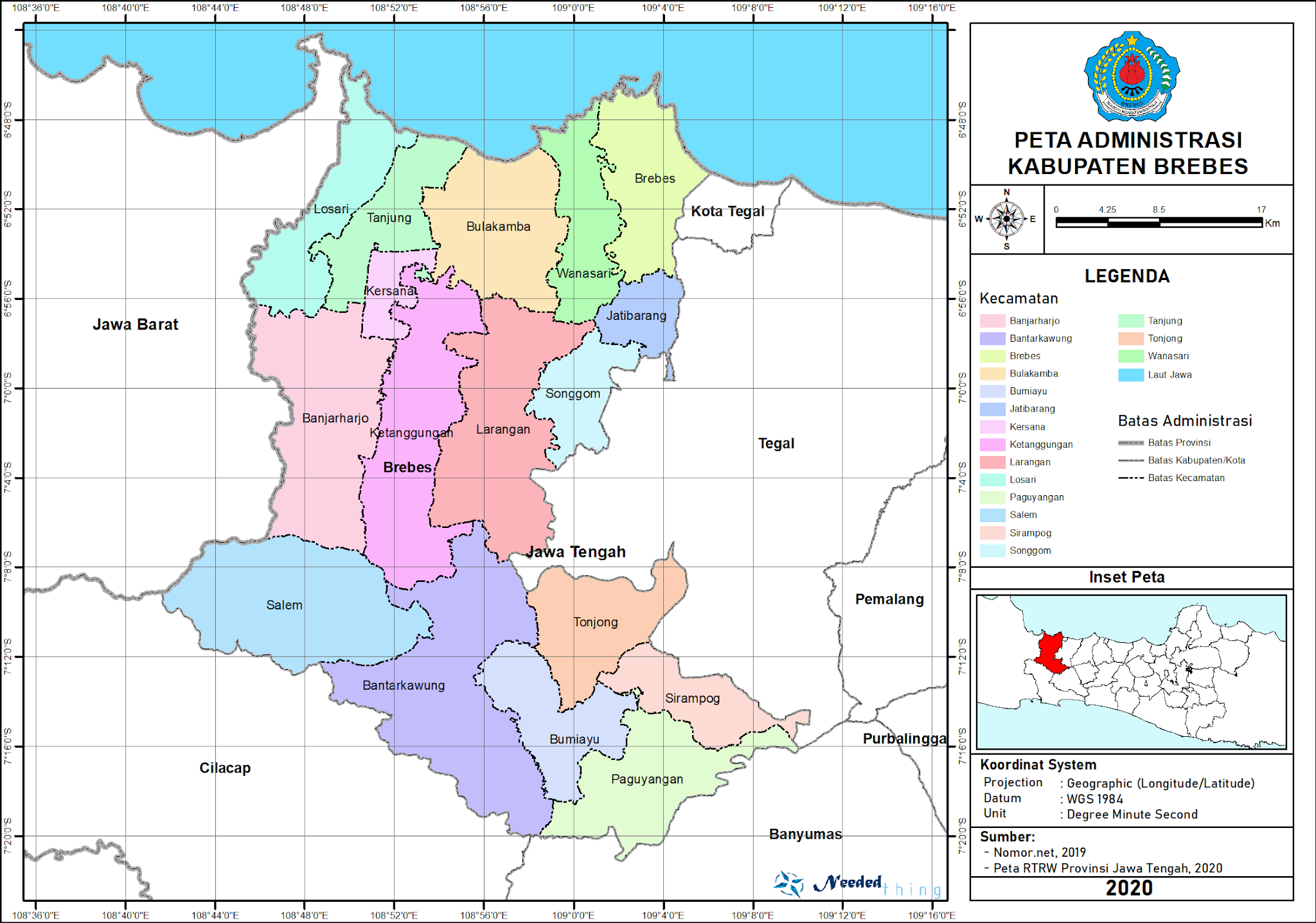 Peta Administrasi Kabupaten Brebes, Provinsi Jawa Tengah ~ NeededThing