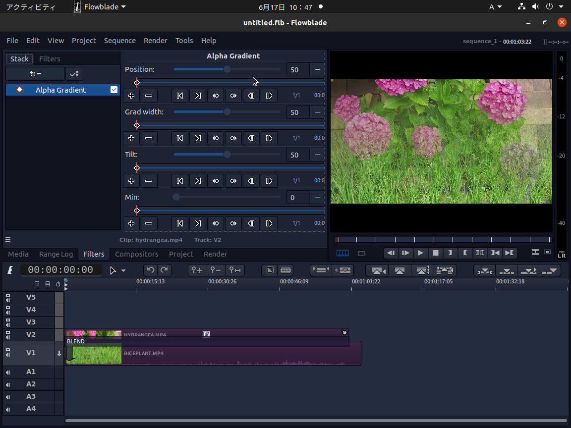 serverあれこれ: FlowbladeでAlpha Gradientフィルタを使用して2つの動画をグラデーションで合成する