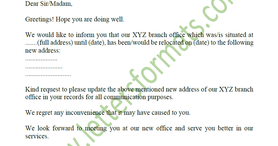 Change of Office Address Intimation Letter to Clients Customers