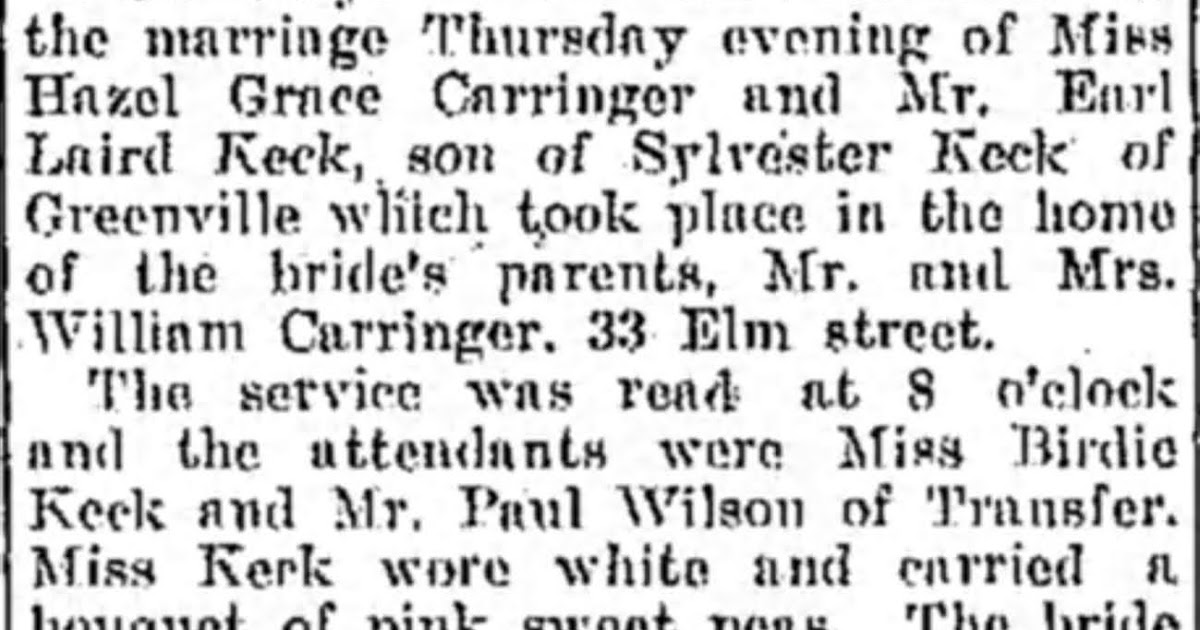 Genea-Musings: Carringers in the News -- Hazel Grace Carringer Marries Earl Laird Keck in 1917 ...