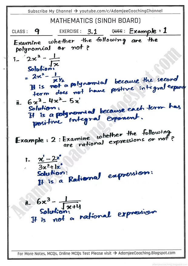 Adamjee Coaching: Algebraic Expression and Formulas - Exercise 3.1 ...