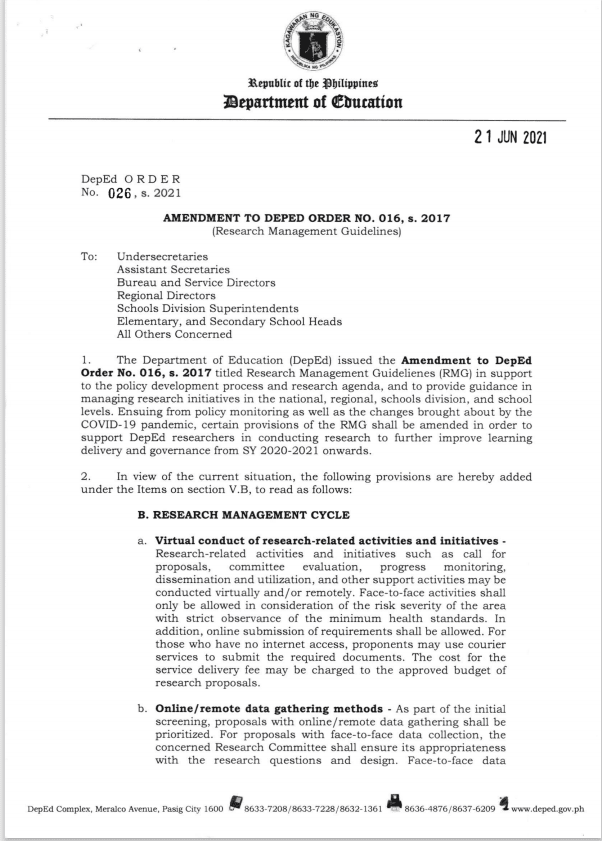 New DepEd Order 026 - Amendment to Research Management Guidelines