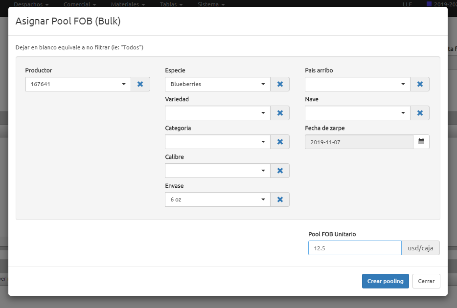 Asignar Pool FOB unitario de forma masiva