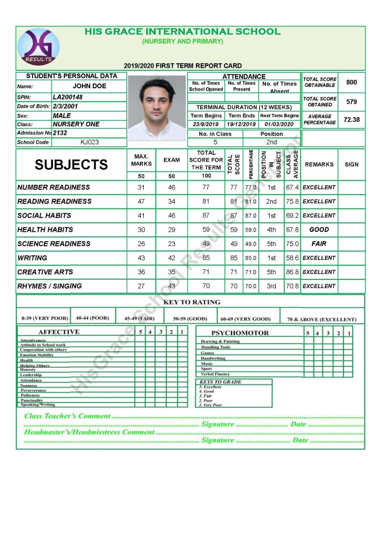 HisGrace School Results (Report Card) Generator (MS Excel Automation)