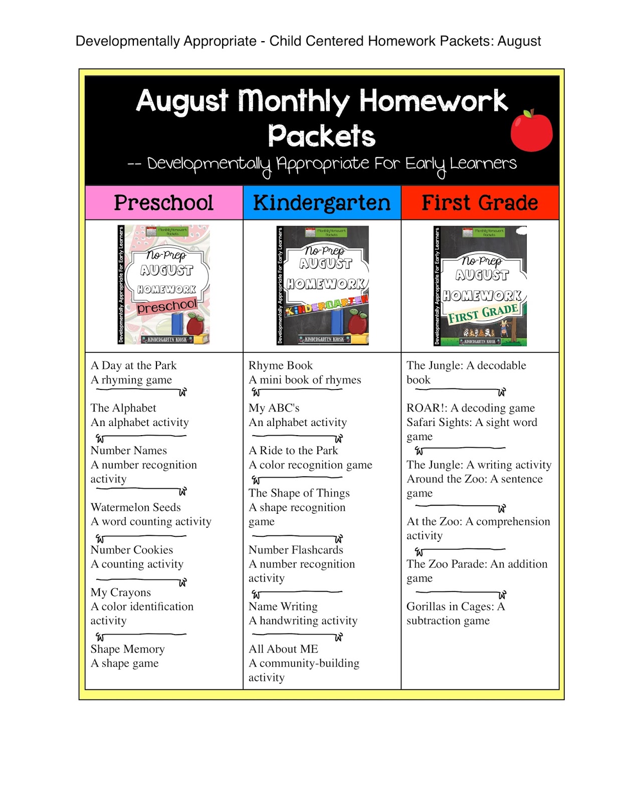 Kindergarten Kiosk: August Homework Packet: Developmentally Appropriate ...