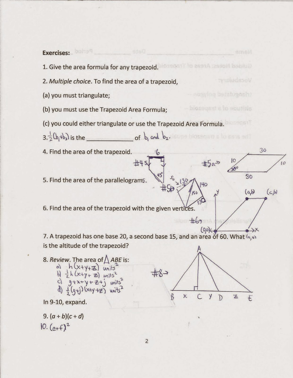 Geometry, Common Core Style: Lesson 8-6: Areas of Trapezoids (Day 119)