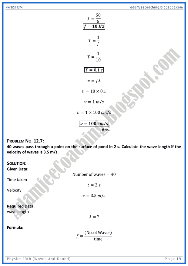 Adamjee Coaching: Waves and Sound - Solved Numericals - Physics 10th
