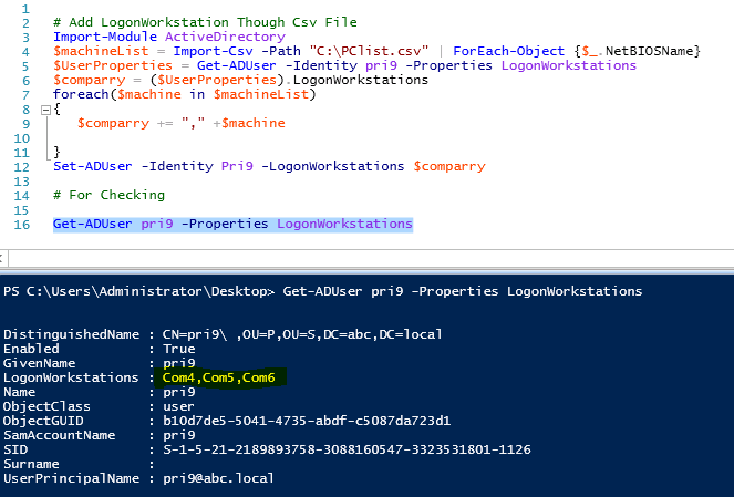 Tech Sol How To Add Logon Workstation Through Csv File In Active Directory Powershell Command