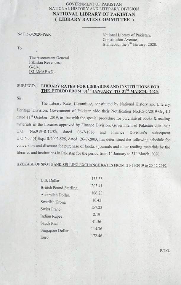 Library Rates for Libraries & Institutions From 01 January to 31 March 2020
