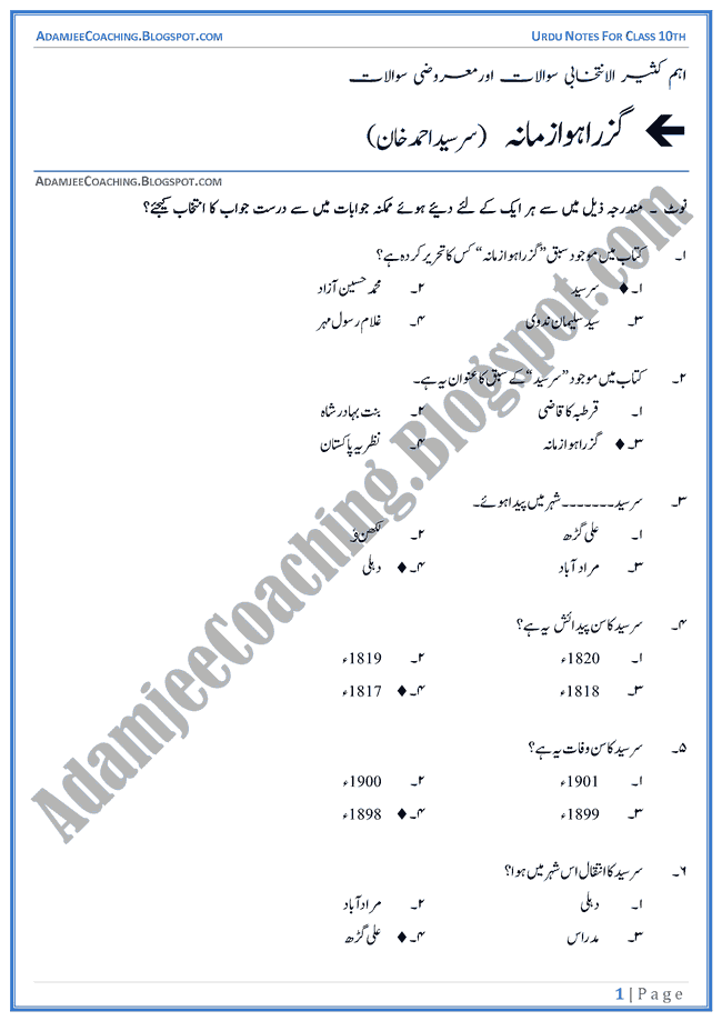 Adamjee Coaching Guzra Hua Zamana MCQs Urdu Class 10th Adamjee Coaching Guzra Hua Zamana MCQs Urdu Class 10th