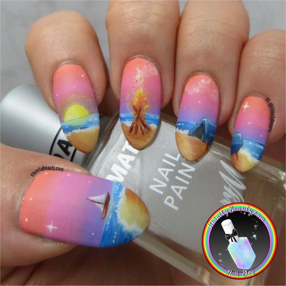 Freehand Sunset Beach Camping Nail Art | IthinityBeauty.com Nail Art Blog