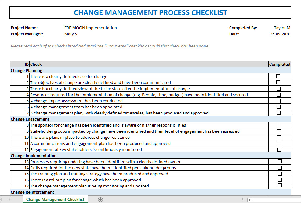 Change Management Excel Template