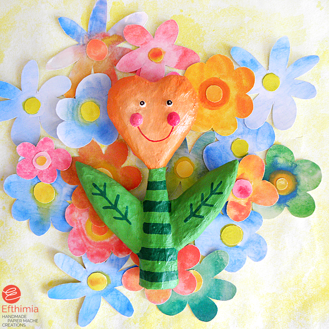 Efthimia: Paper Mache Heart Shaped Happy Flowers