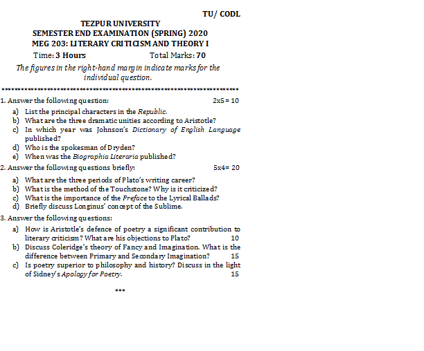 TEZPUR UNIVERSITY (TU/CODL) SEMESTER END MEG 203: LITERARY CRITICISM ...