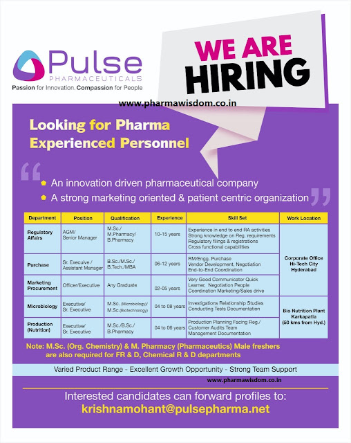 Pulse Pharmaceuticals - Multiple Positions for Freshers & Experienced in FR&D | CR&D ...