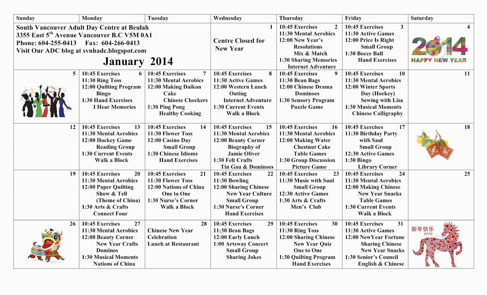 South Vancouver and Beulah Gardens Adult Day Programs: January ...