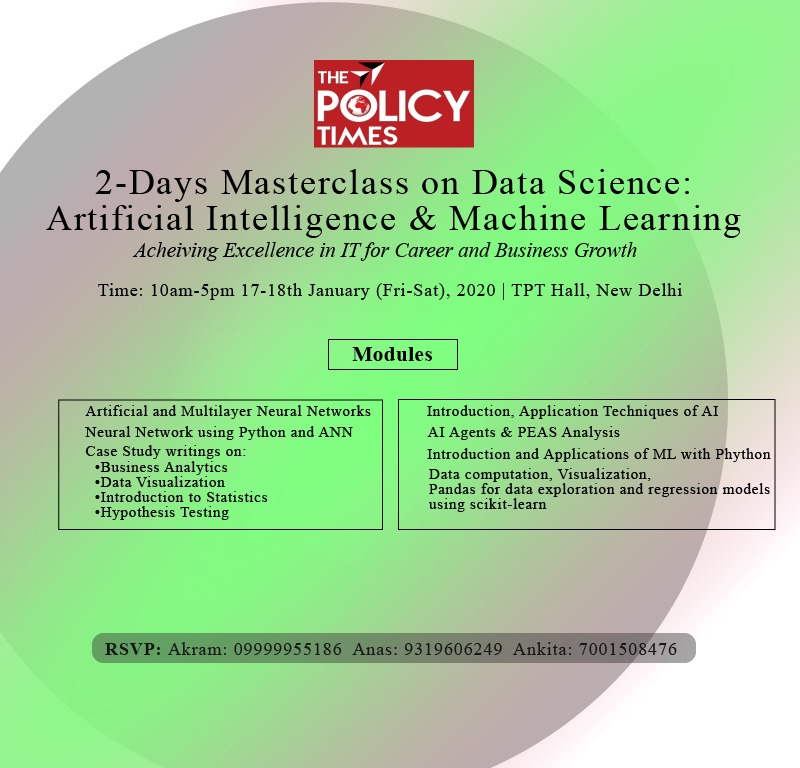 2-Days Masterclass on #DataScience: #Artificialntelligence & #MachineLearning