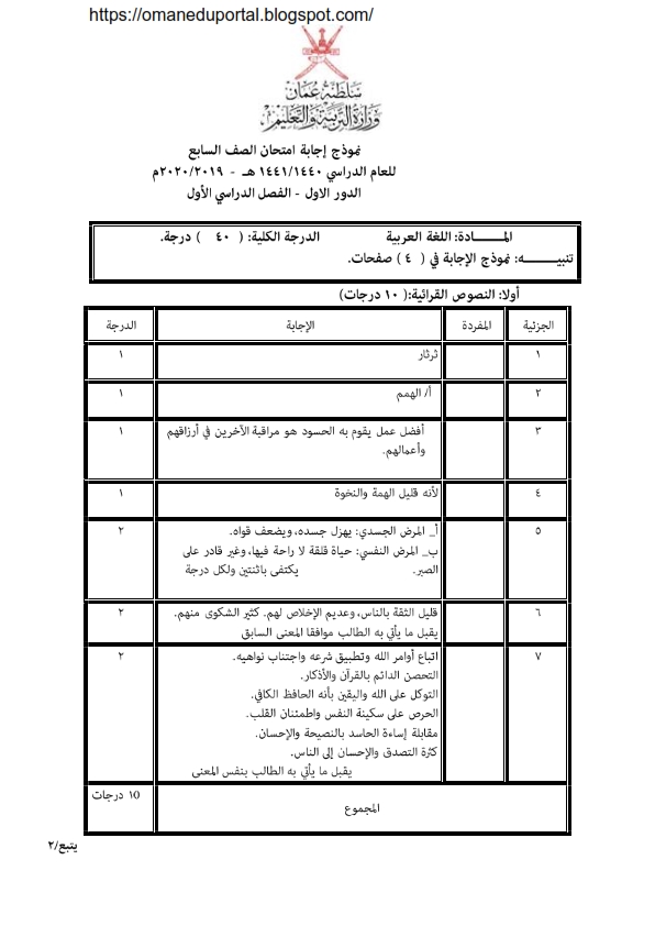 نموذج اجابة اختبار اللغة العربية للصف السابع الفصل الاول الدور الاول