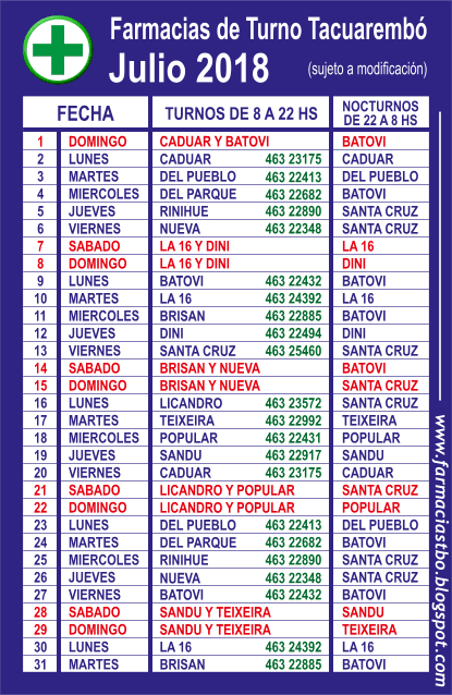 Farmacias Tacuarembó: Farmacias de Turno Julio 2018