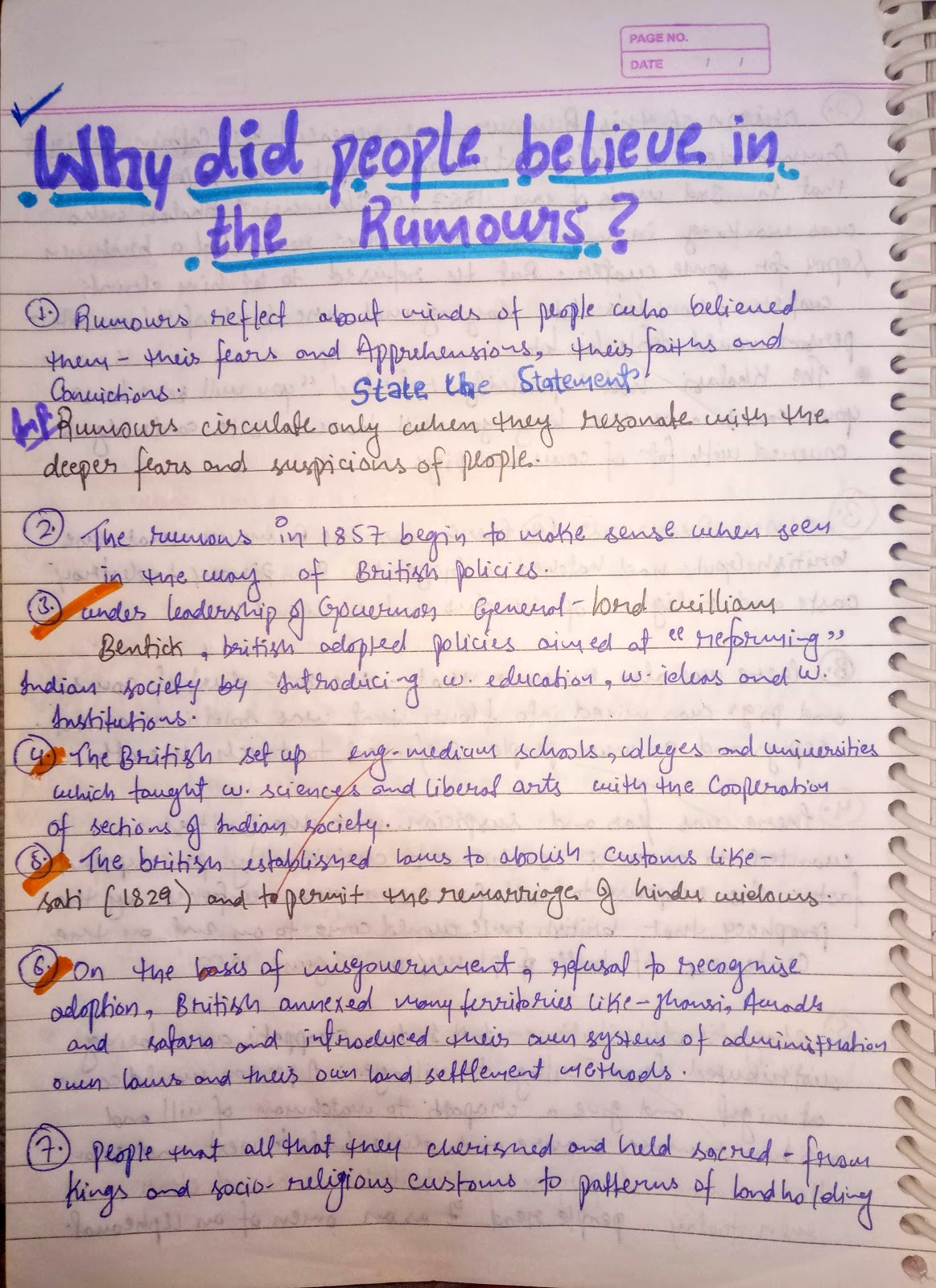 Handwritten Notes of Rebels and Raj - History - Class 12th - Humanities