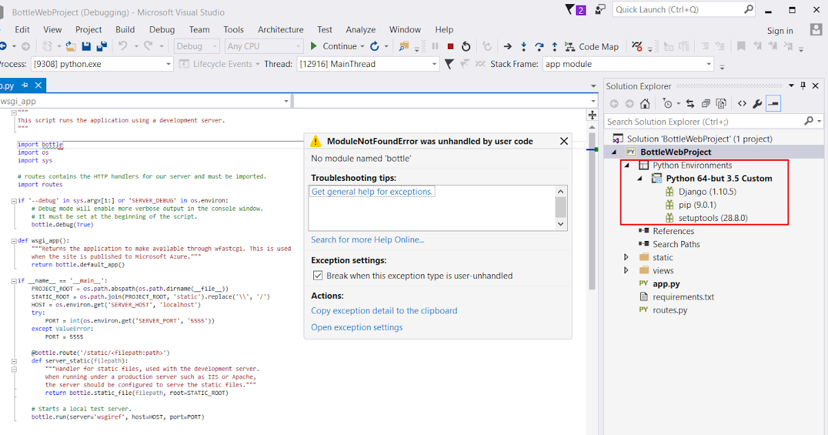 Python for Visual Studio - No Module Named 'Bottle'