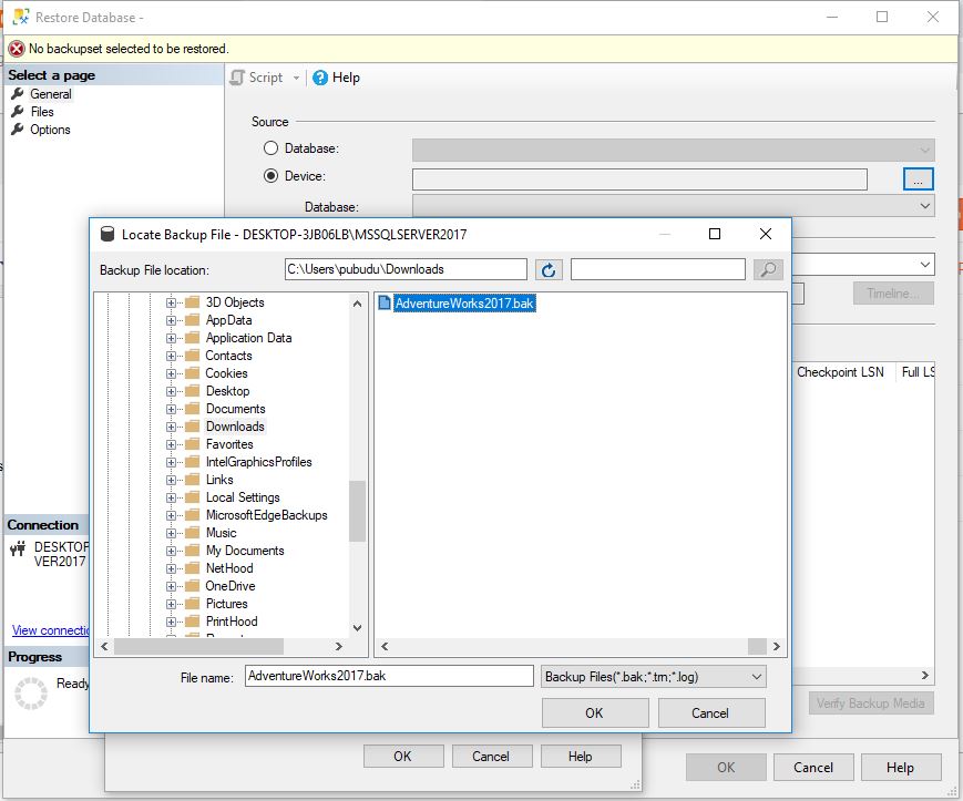 Restore AdventureWorks2017.bak file into SQL Server 2017 - Pubudu Dewagama