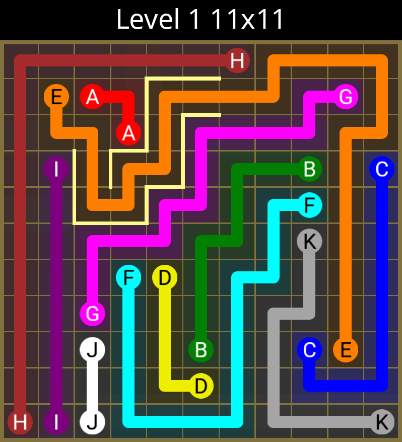 Puzzle Game Solutions: FLOW : PATHWAY PACK : LEVELS 1 - 30 : 11x11 PUZZLES