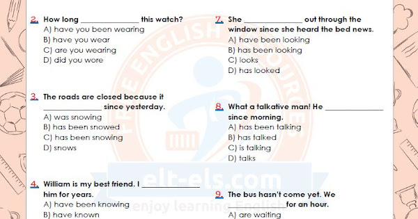 Present perfect continuous tense multiple choice tests | www.elt-els.com