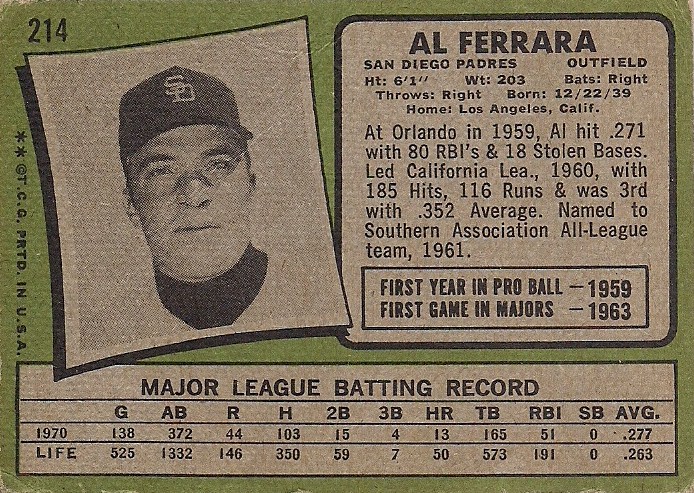 Topps 1971: no. 214 - al ferrara