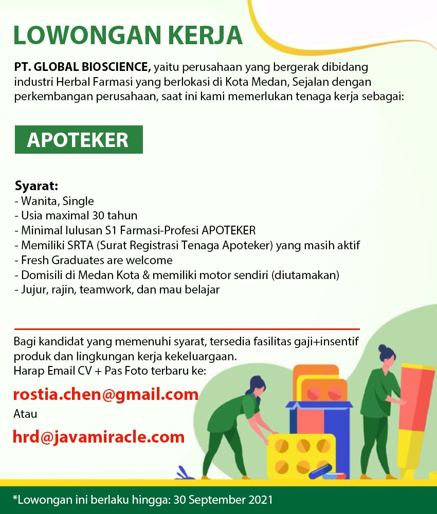 Info Loker Medan Terbaru Juli 2021 APOTEKER di PT. GLOBAL BIOSCIENCE - MedanLoker.Com - Lowongan ...