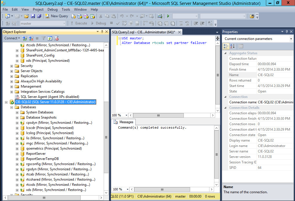 Manually fail over or fail back a Lync SQL mirrored database